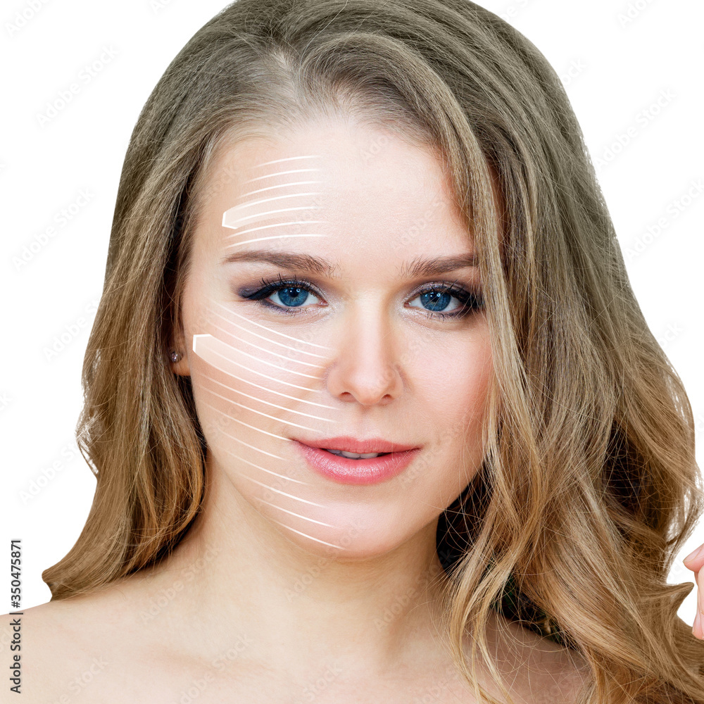 Graphic lines shows facial lifting effect on skin of beautiful woman ...