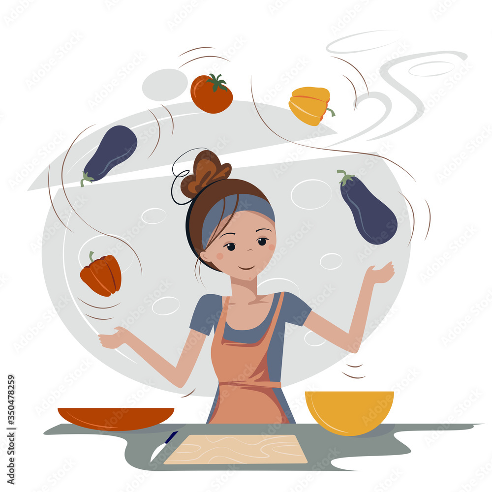 Cute cartoon woman cooks vegetable on the kitchen. Nice young girl with ...