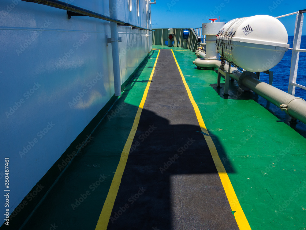 Safety walkway on board the ship. Black yellow safety walkway. anti ...