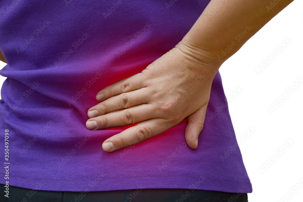 Isolated woman suffering from lower back pain, red spot at the site of ...