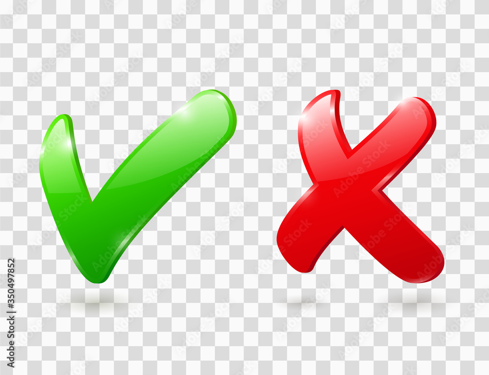 Cross and check mark icons. Green and red 3d ticks for right and wrong choice. Yes and No ...