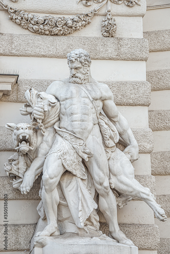 Statue of Hercules fighting Cerberus, a multi-headed dog beast that ...