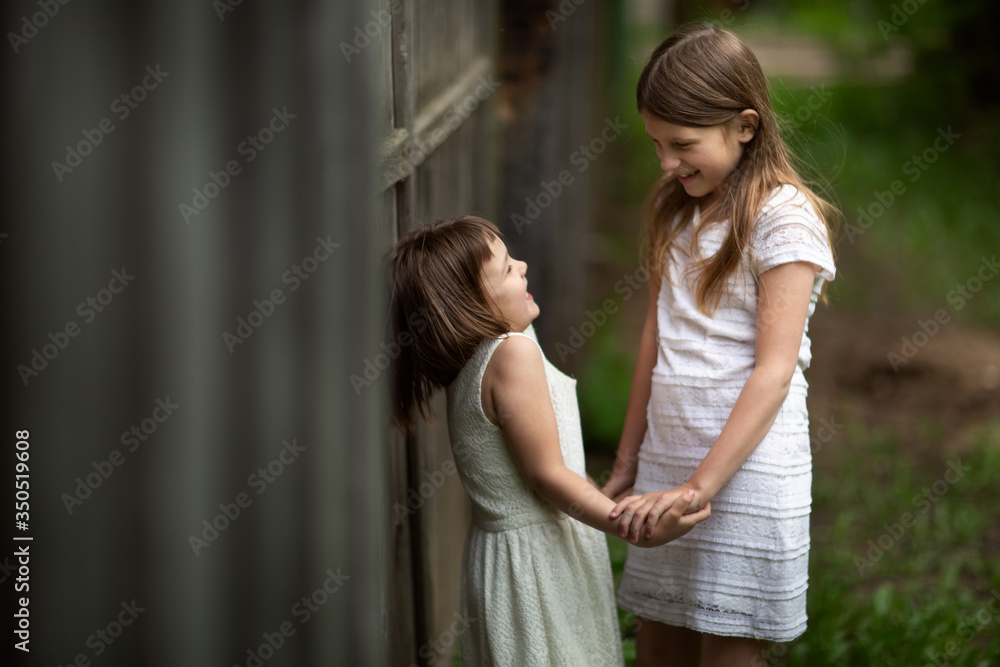 Tender young girls children hold hands and laugh near a wooden fence ...