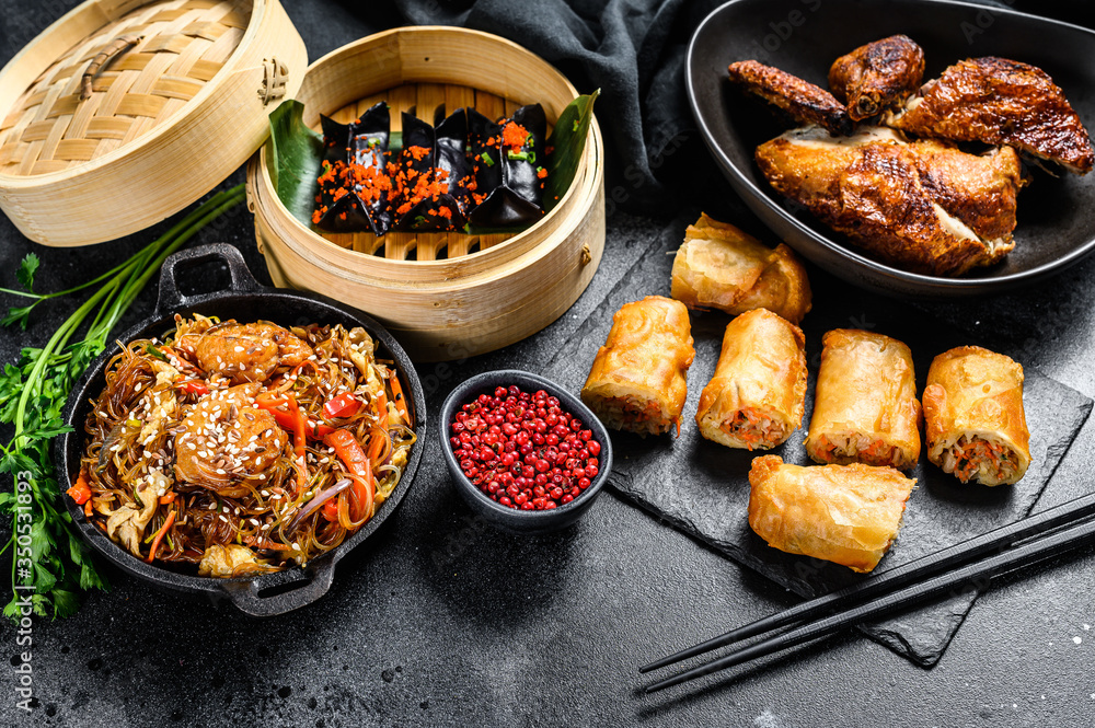 Chinese cuisine dishes set, food black background. Chinese noodles ...