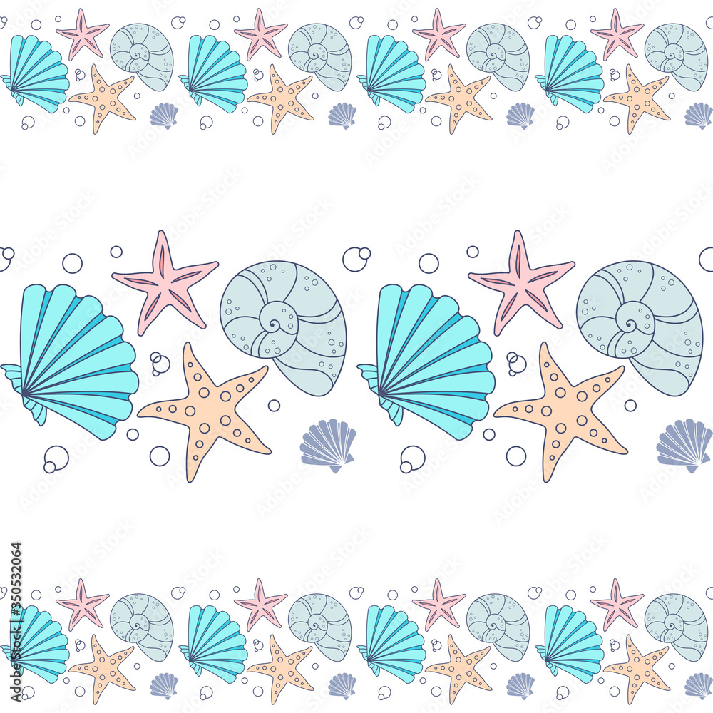 Seamless horizontal border with colorful seashells and starfish on a ...