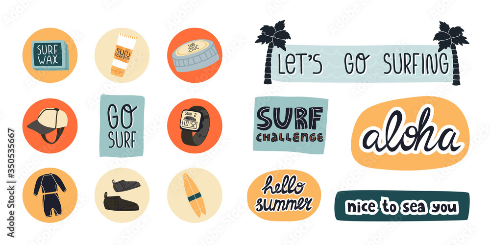 Surf slogans stickers and some highlights, useful products icon set ...