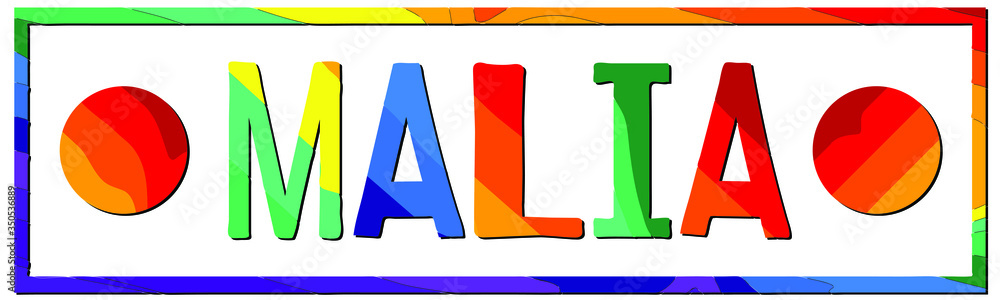 Malia. Multicolored bright colorful funny cartoon isolated inscription ...