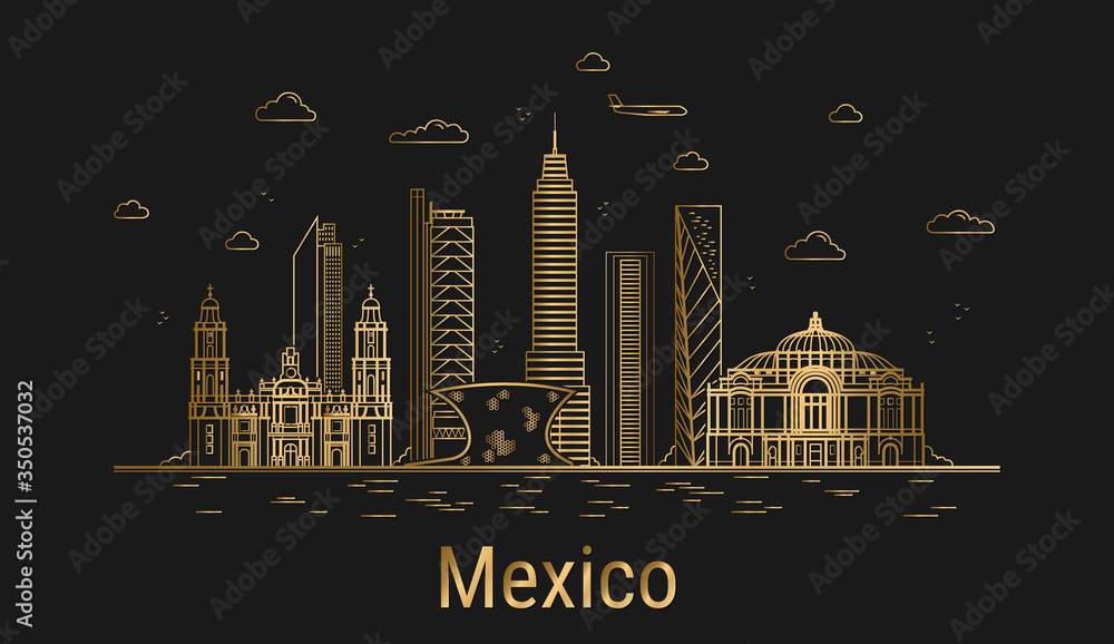 Mexico city line art, golden architecture vector illustration, skyline ...