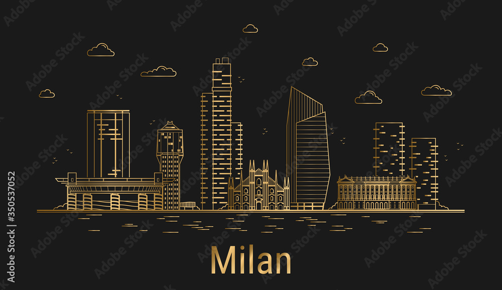 Milan city line art, golden architecture vector illustration, skyline ...