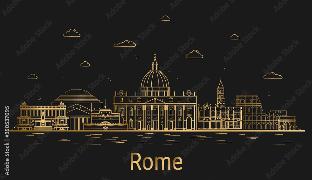 Rome city line art, golden architecture vector illustration, skyline ...