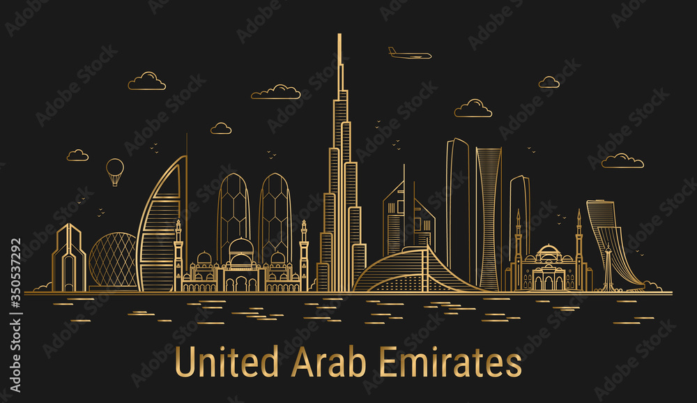 United Arab Emirates city line art, golden architecture vector ...