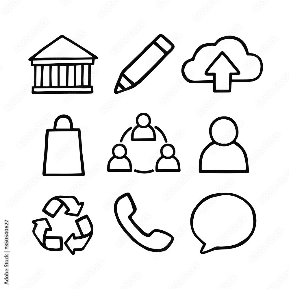 Collection of hand drawn icons isolated on white background. Vector set ...