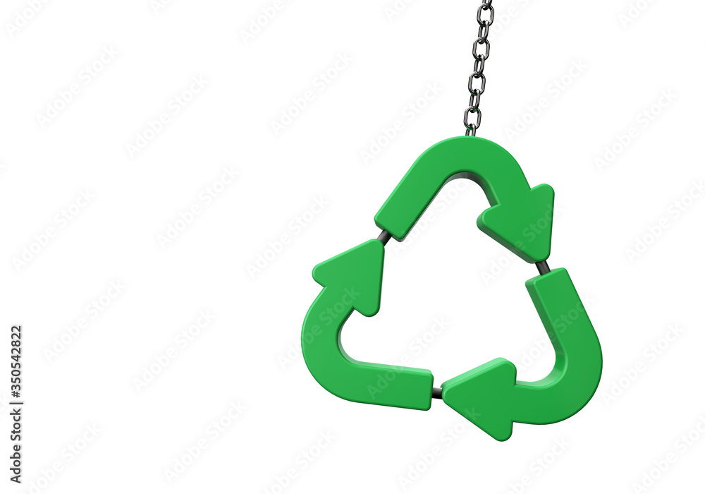 Green recycling symbol hanging from a chain. 3D Rendering Stock ...