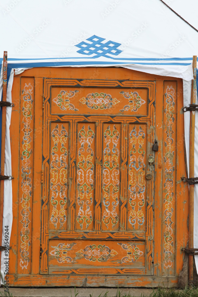 Ancient ornamental wooden door of mongolian yurt in Winter Palace of ...