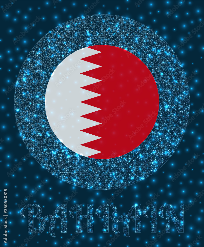 Round Bahrain badge. Flag of Bahrain in glowing network mesh style ...
