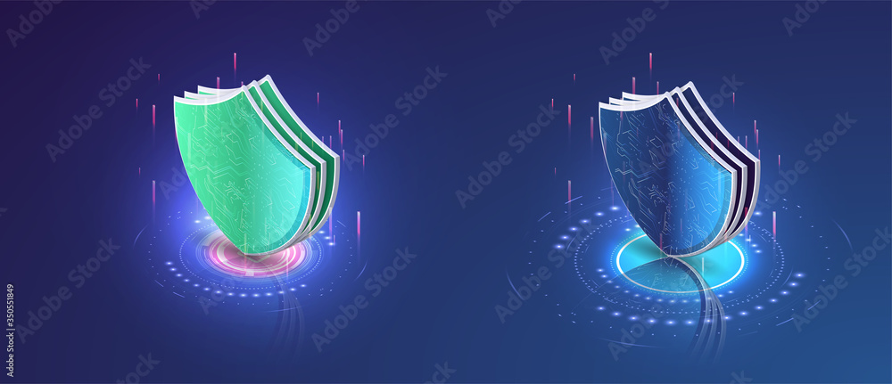 Isometric security shield blue and green. Cyber security and ...