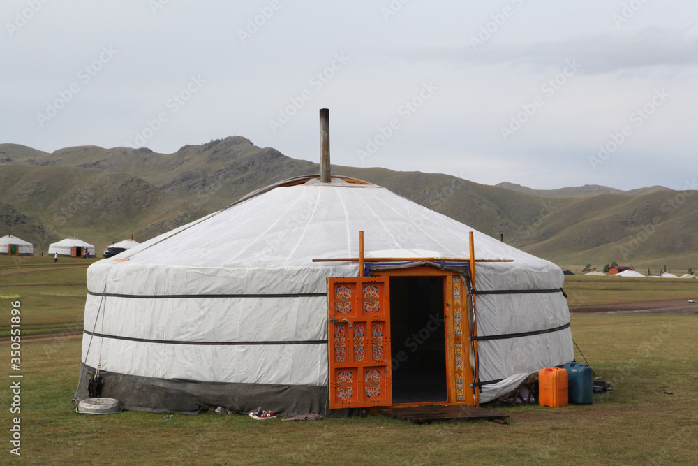 Yurts in steppes of Mongolia near Ulaanbaatar city. Mongolian nature ...