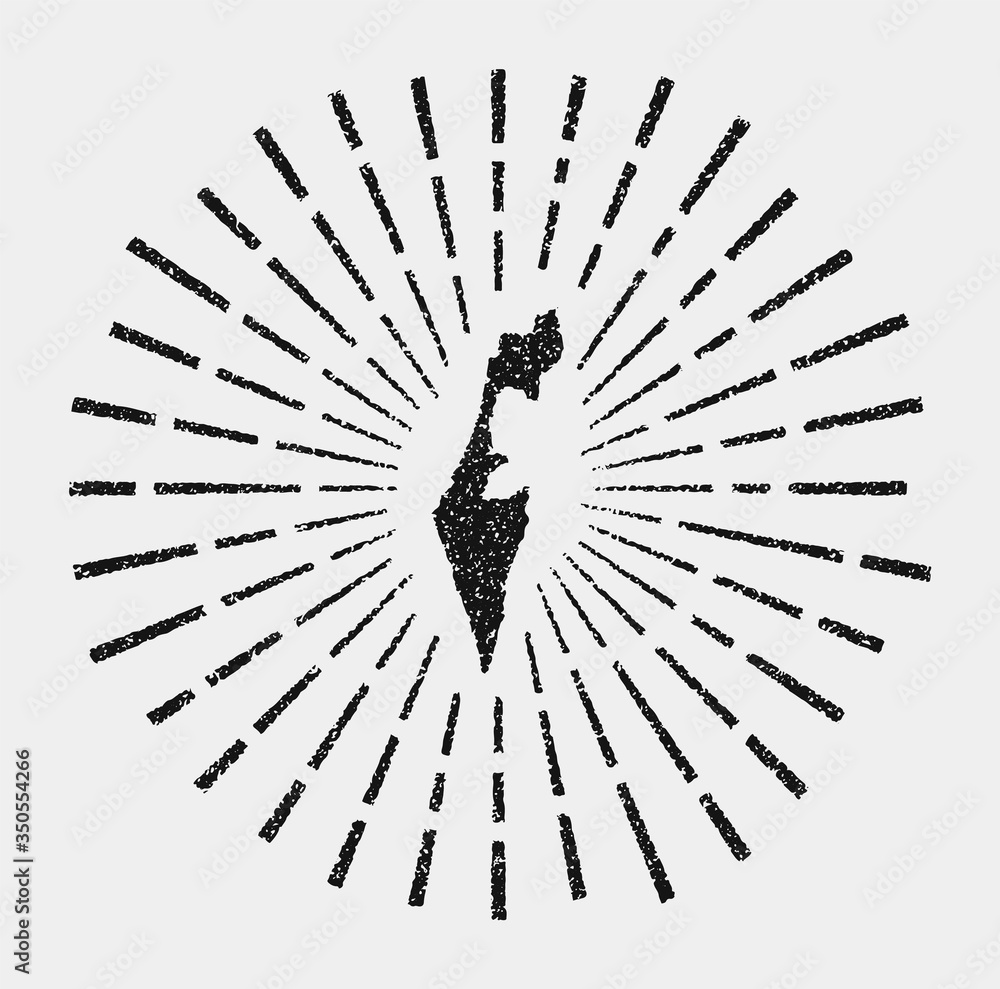 Vintage map of Israel. Grunge sunburst around the country. Black Israel ...