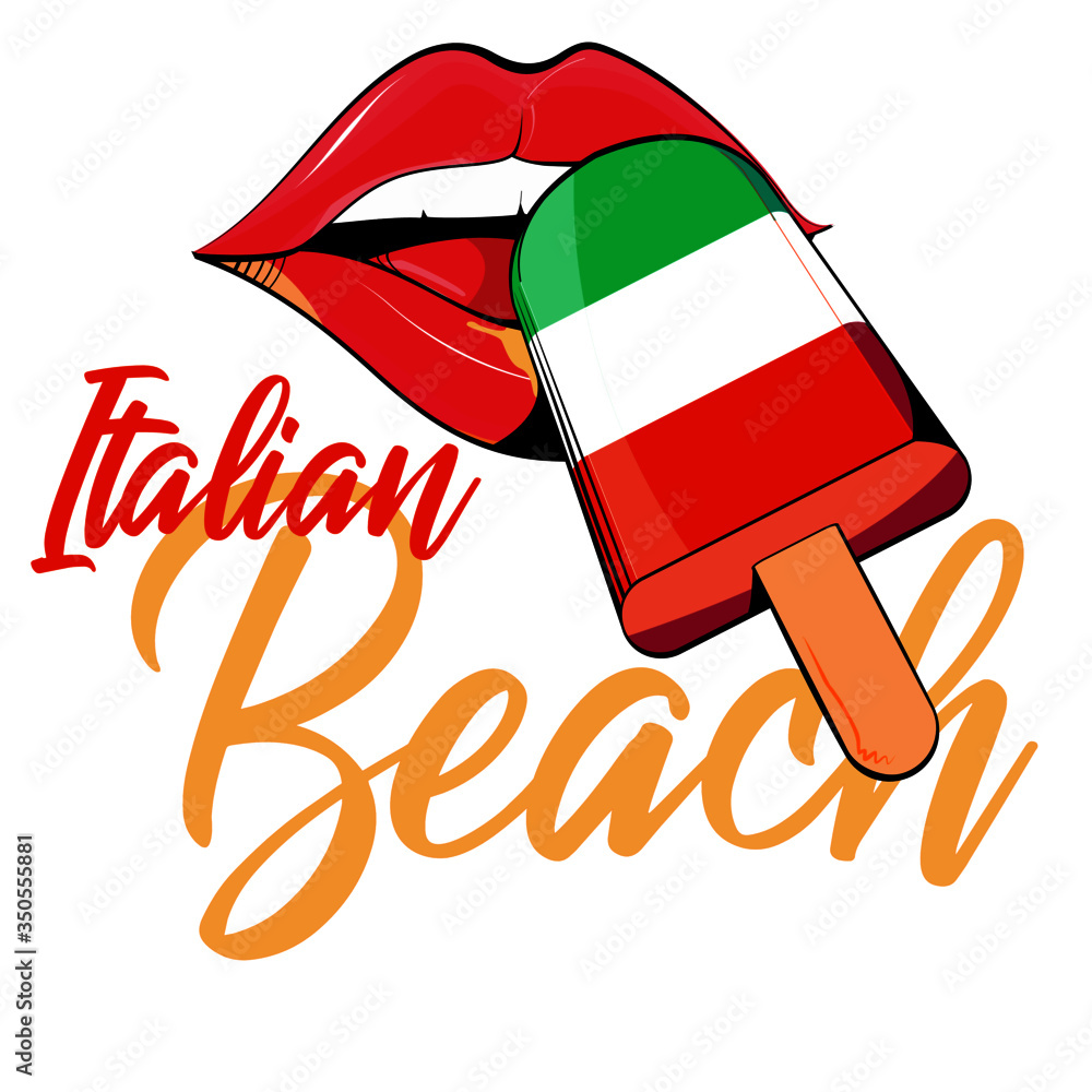 Vector drawing of woman lips trying ice cream in the colors of the ...