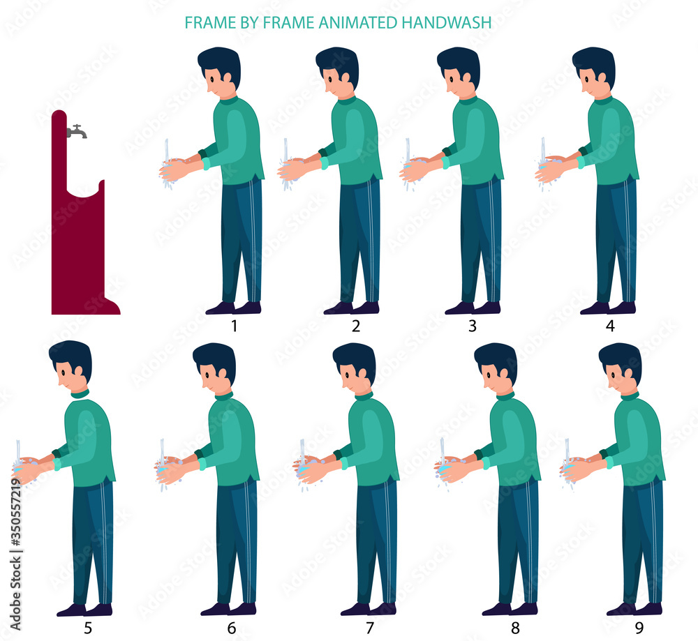 Frame by Frame Animated Hand Wash With Character Vector Illustration ...