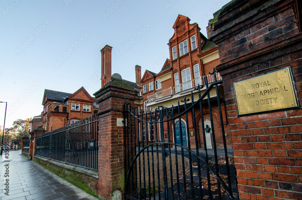 London- The Royal Geographical Society- north facing gate of building ...