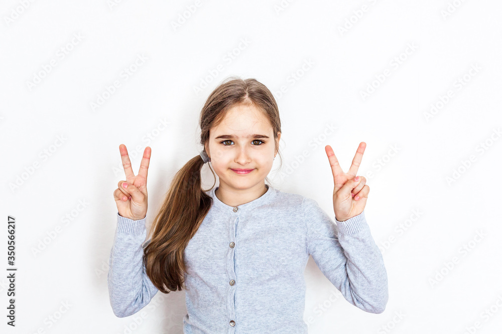 Child, girl, different emotions, white background, isolate, portrait ...