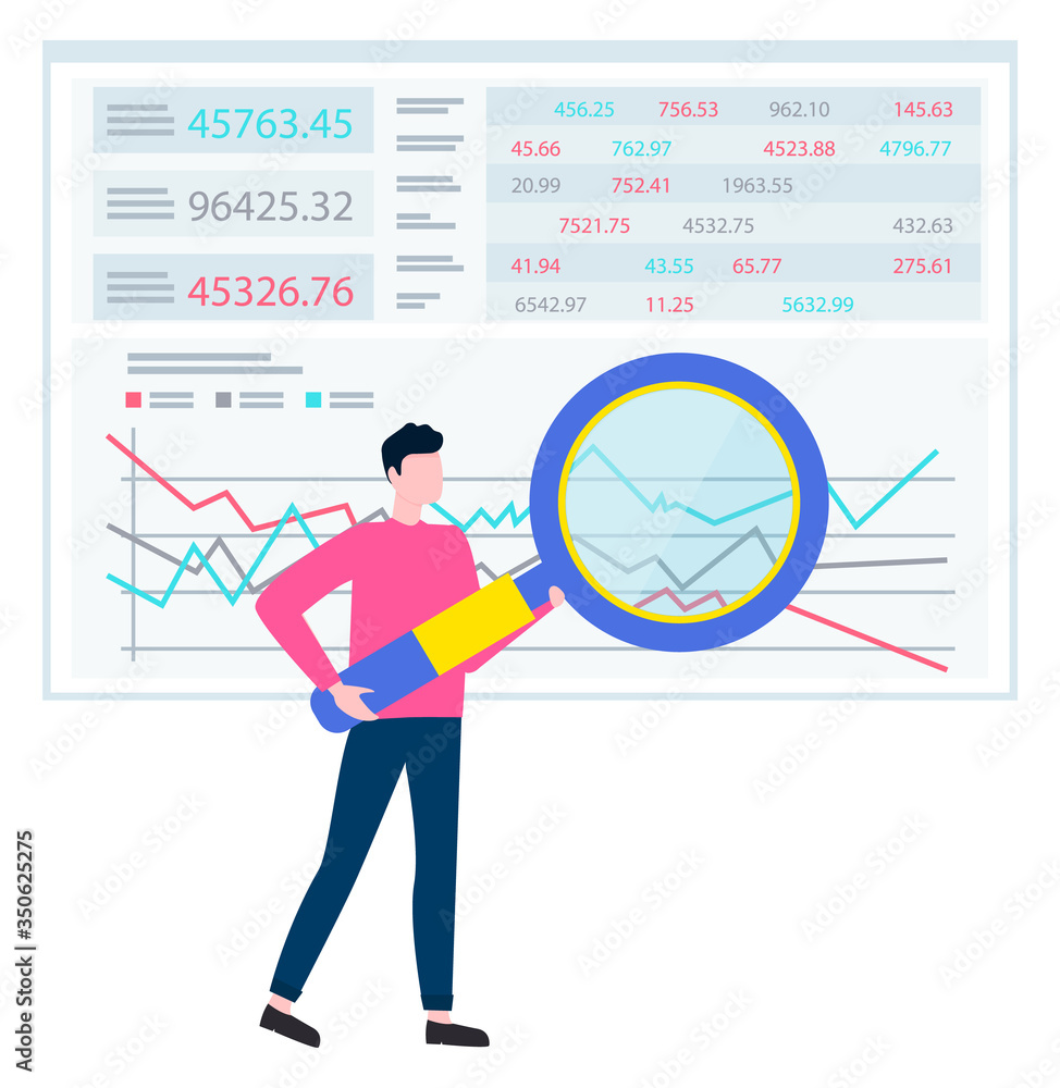 Worker male holding magnifier, screen with capital and graph report ...