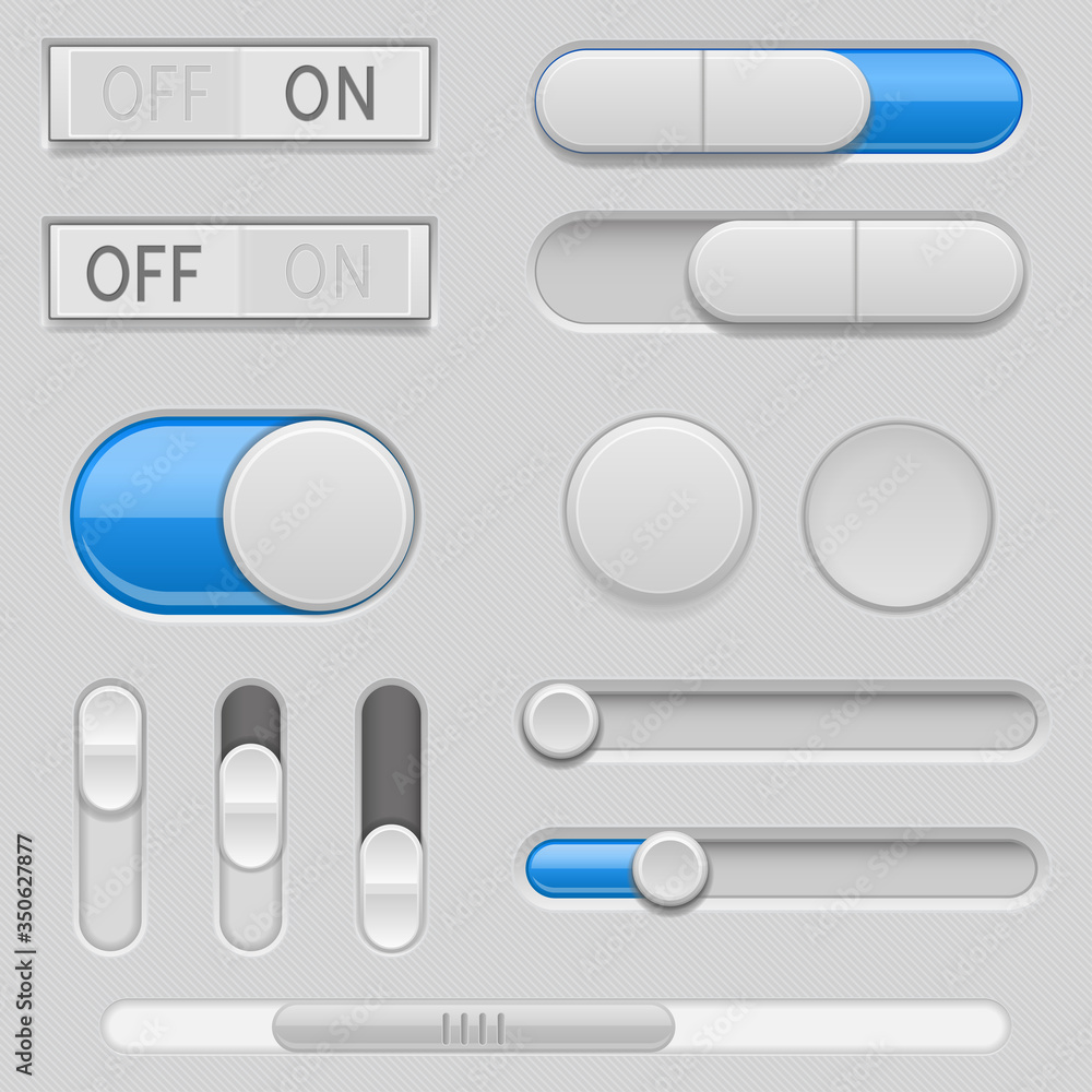 Gray web buttons with blue design elements. Push buttons, toggle switch ...