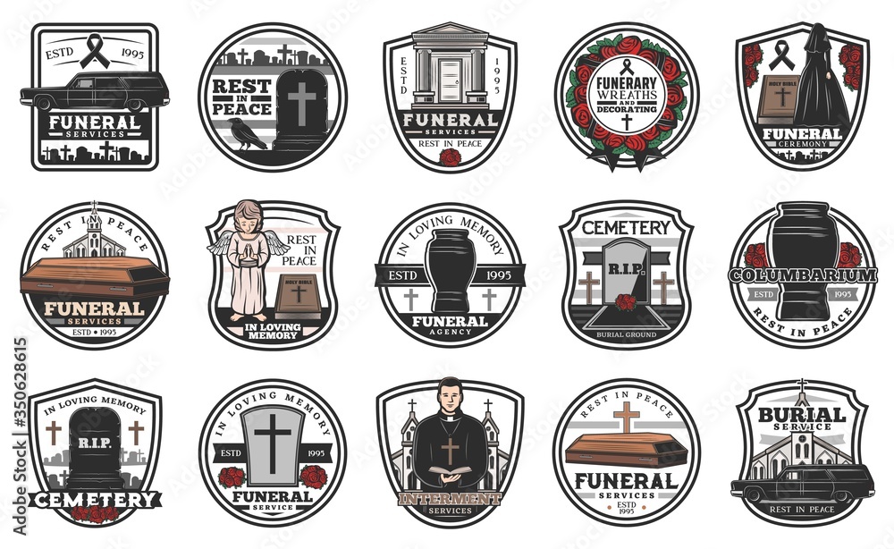 Funeral, burial and funerary service vector icons. Columbarium or ...