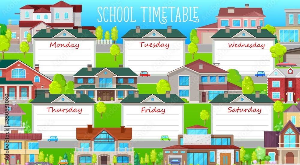 School timetable vector schedule template with cartoon buildings and ...