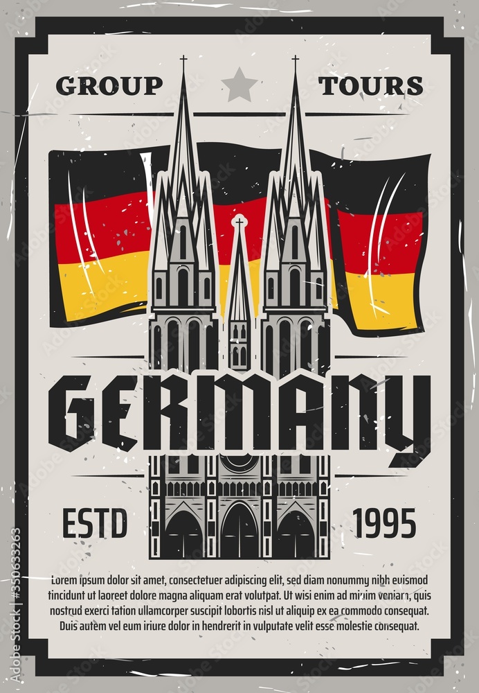 Travel to Germany vector poster. Cologne cathedral and national flag ...