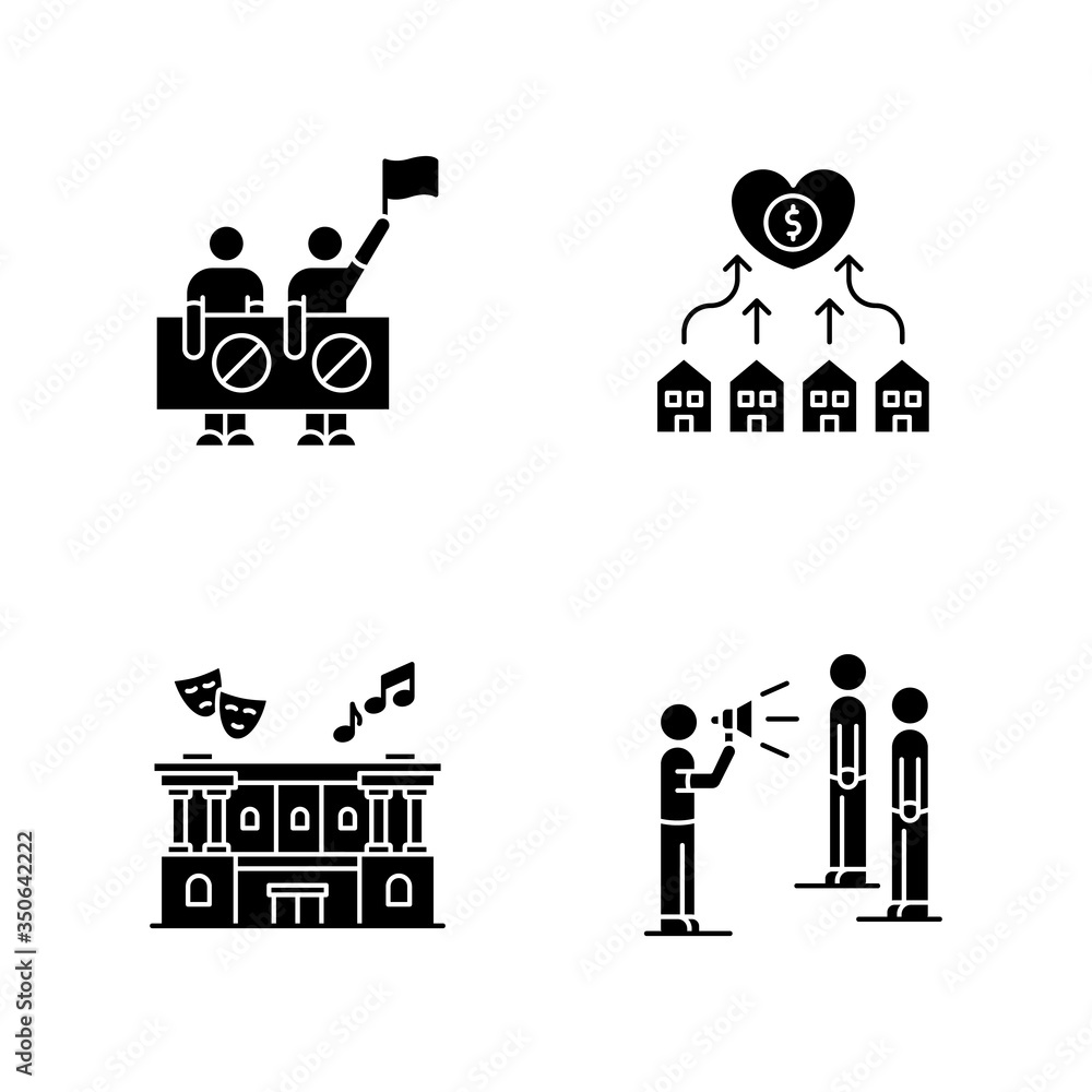 Social life black glyph icons set on white space. Human right ...