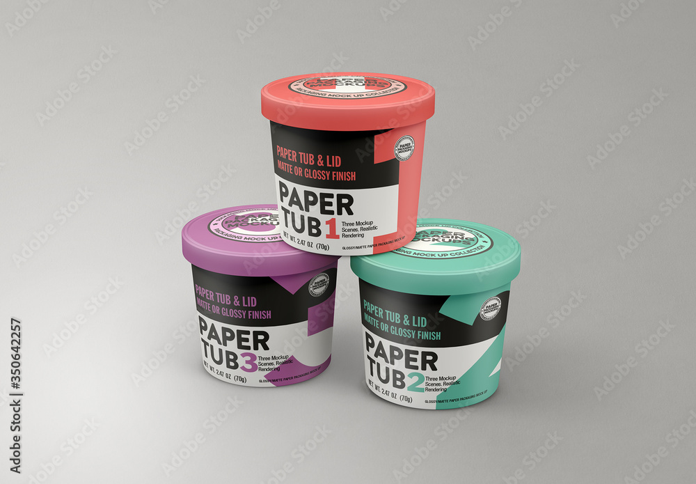 3 Glossy or Matte Paper Tubs with Lids Mockup Stock Template | Adobe Stock