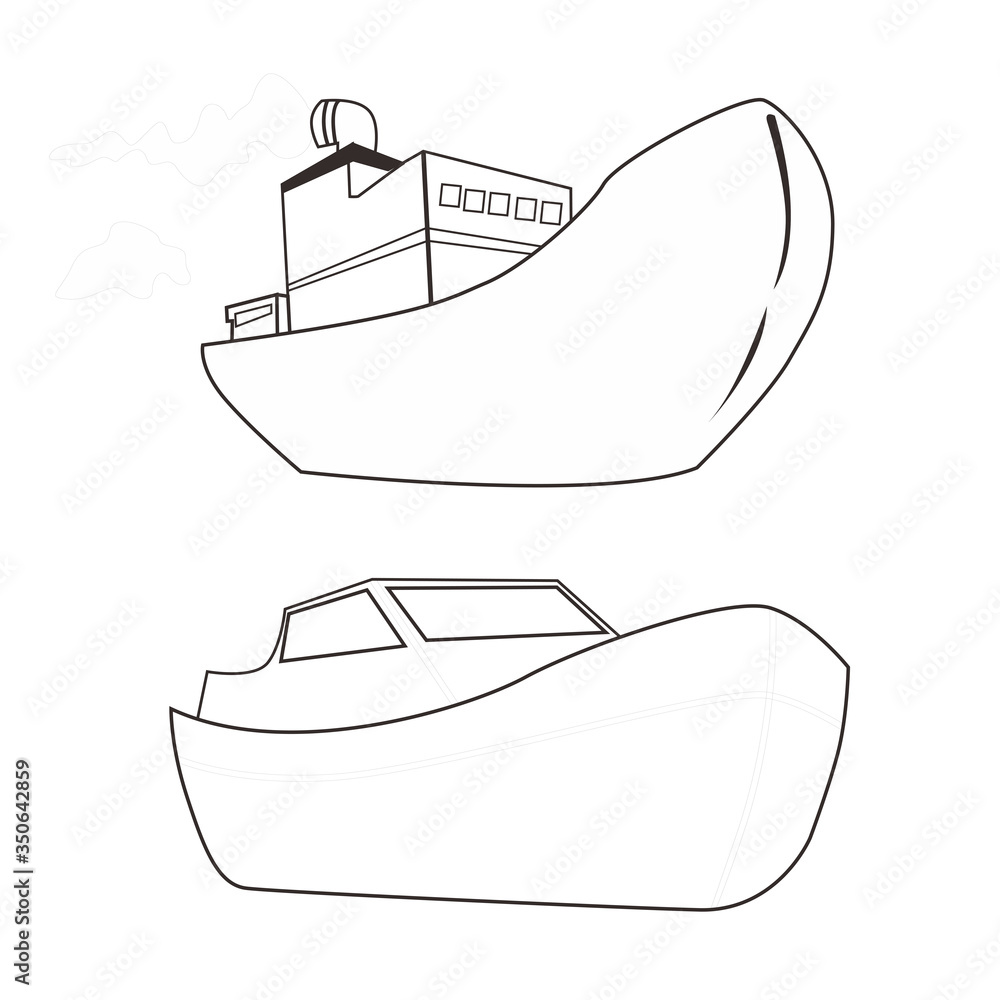 Set Cartoon vector illustration of a boat, Coloring book page, engine ...