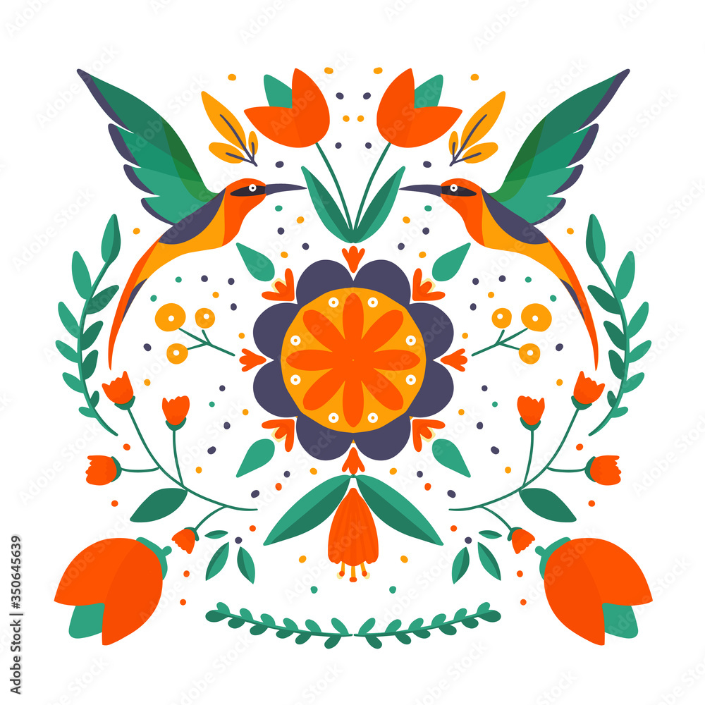 folk art scandinavian colourful pattern with floral and birds vector ...