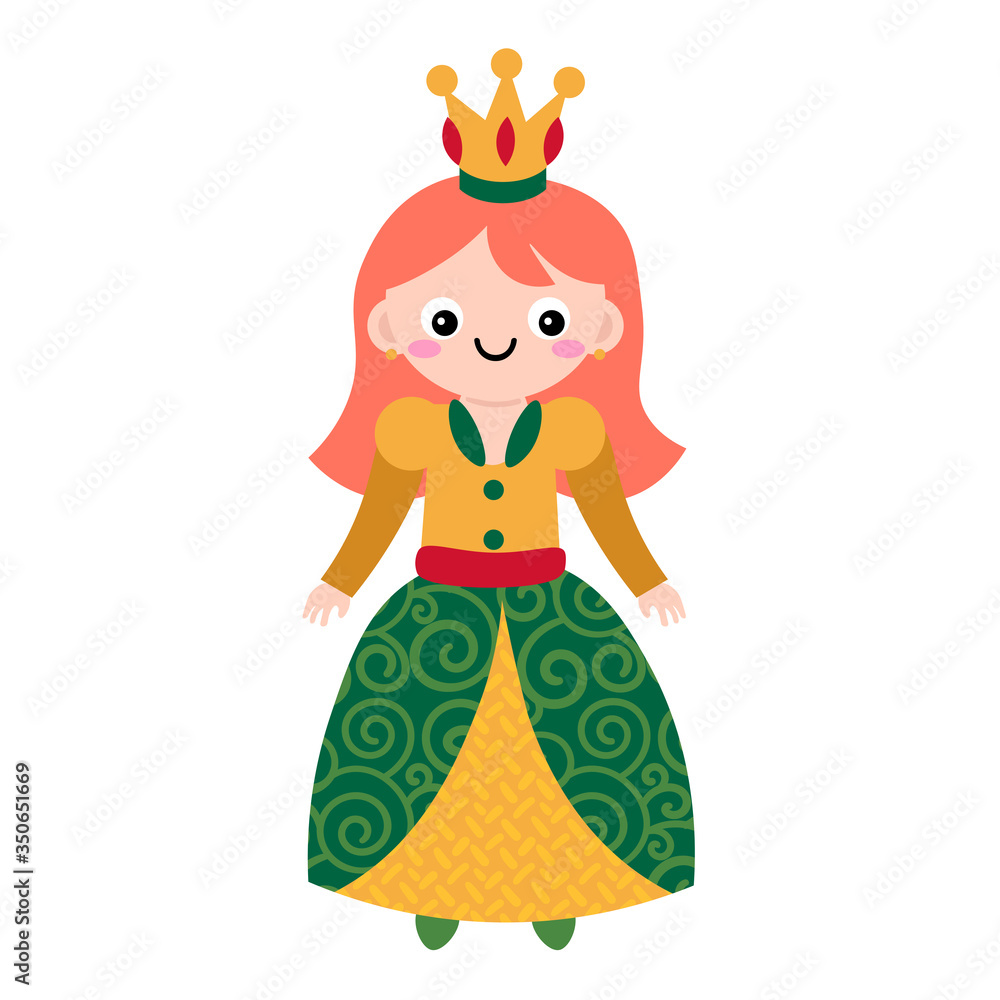 Cartoon happy little princess in flat style isolated on white ...