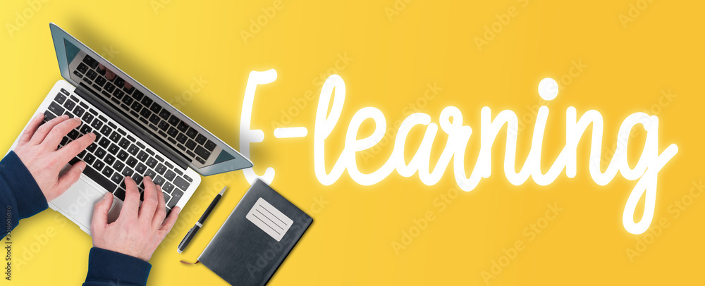 e-learning and online education concept, top view of person using ...