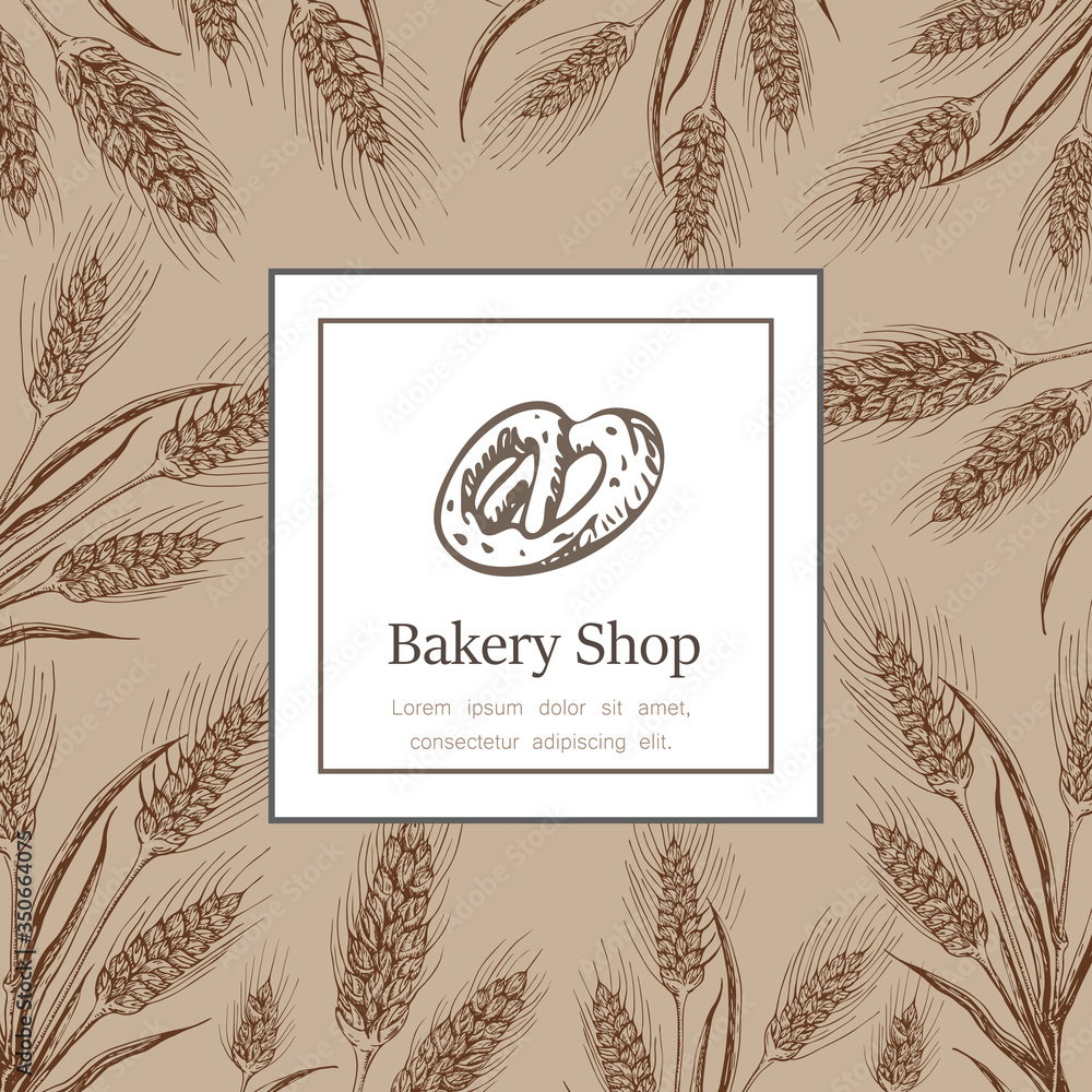 Bakery, pastry shop label, logo, flyer template with wheat ears frame ...
