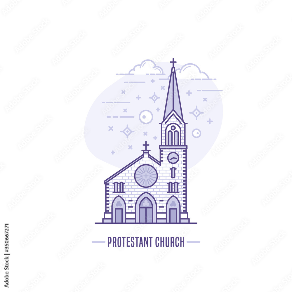 Protestant church icon. Simple line art style church building outline ...