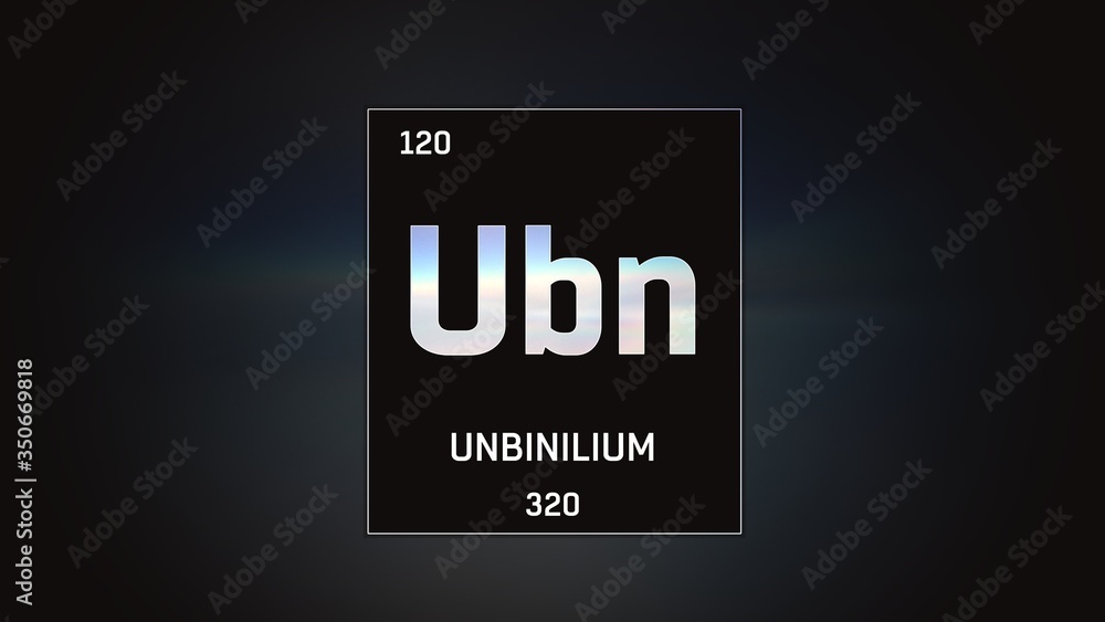 3D illustration of Unbinilium as Element 120 of the Periodic Table. Grey illuminated atom design ...