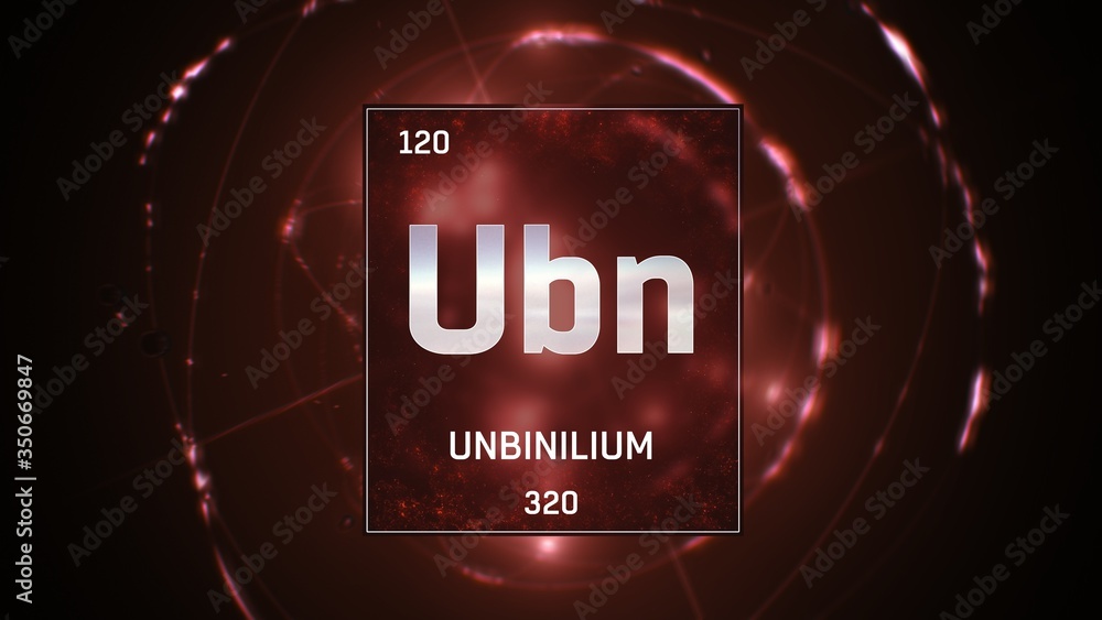 3D illustration of Unbinilium as Element 120 of the Periodic Table. Red ...