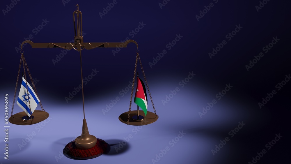 Flags of Israel and Jordan on the bowls of the balance scales on a blue ...