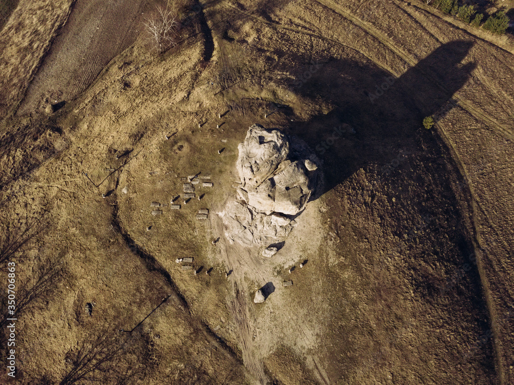 Aerial top view frome drone to Giant stone on the hill. The phenomenon ...