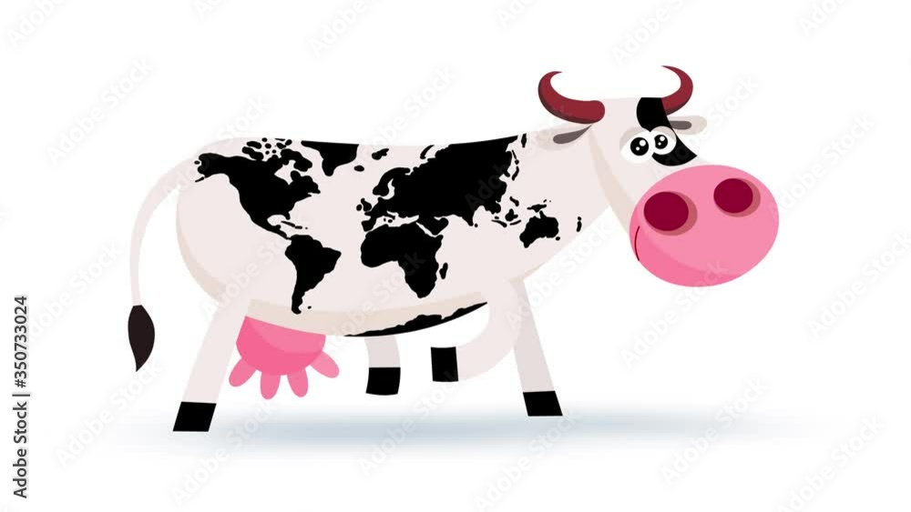 Cartoon spotty earth map cow character moves with mask – walking ...