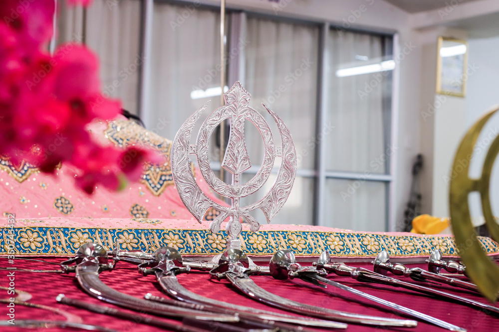 Indian Punjabi Sikh temple Gurdwara interiors and decorations Stock ...