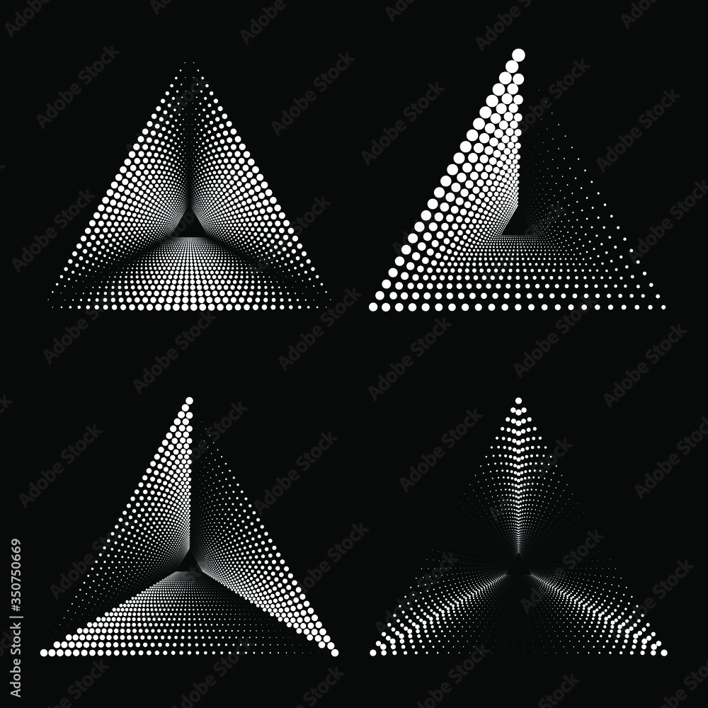 Set of abstract vector white halftone dots. Triangles form. Geometric ...