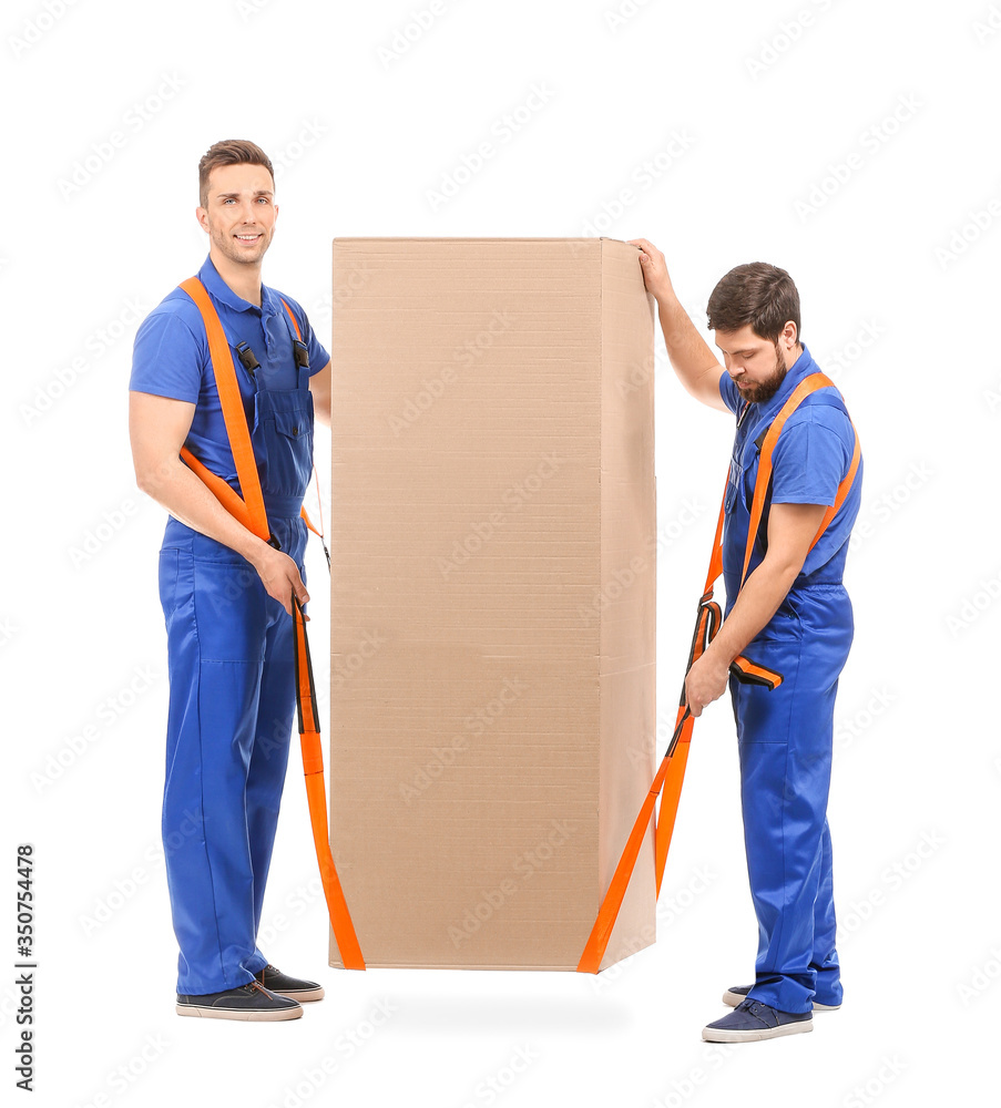 Loaders using cargo belts for carrying big box on white background ...