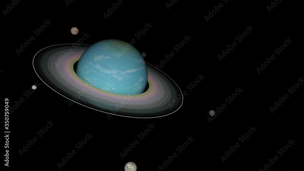 Uranus planet with moons, Oberon, Titan, Ubriel, Ariel and Miranda. 3D ...