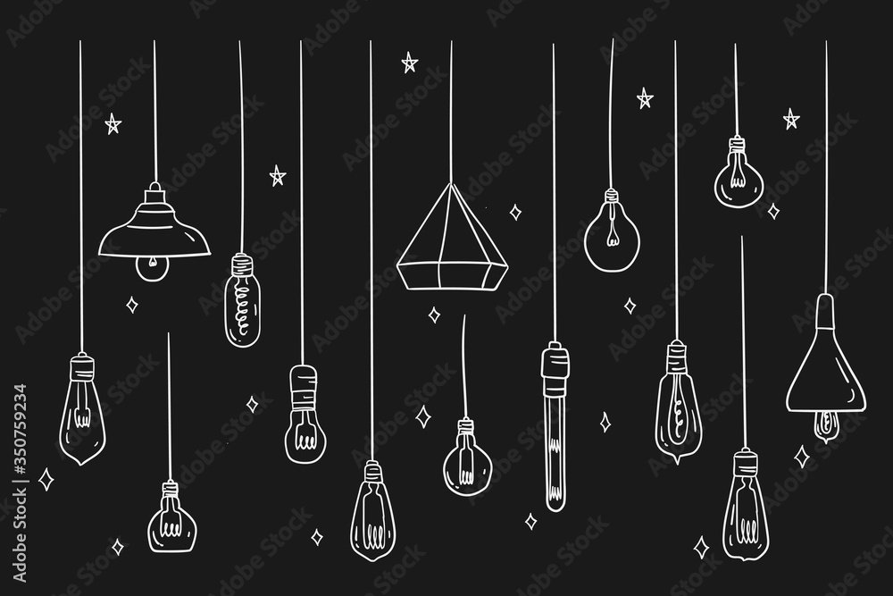 Set of ceiling or hanging light bulb with doodles hand drawn style. different types halogen ...