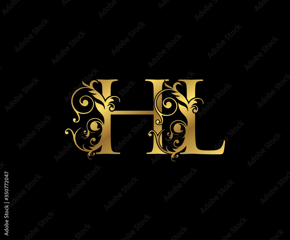 Luxury Gold H, L and HL Letter Floral logo. Vintage Swirl drawn emblem ...
